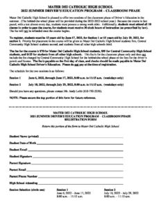 registration form for summer Driver’s Education | Mater Dei Catholic ...